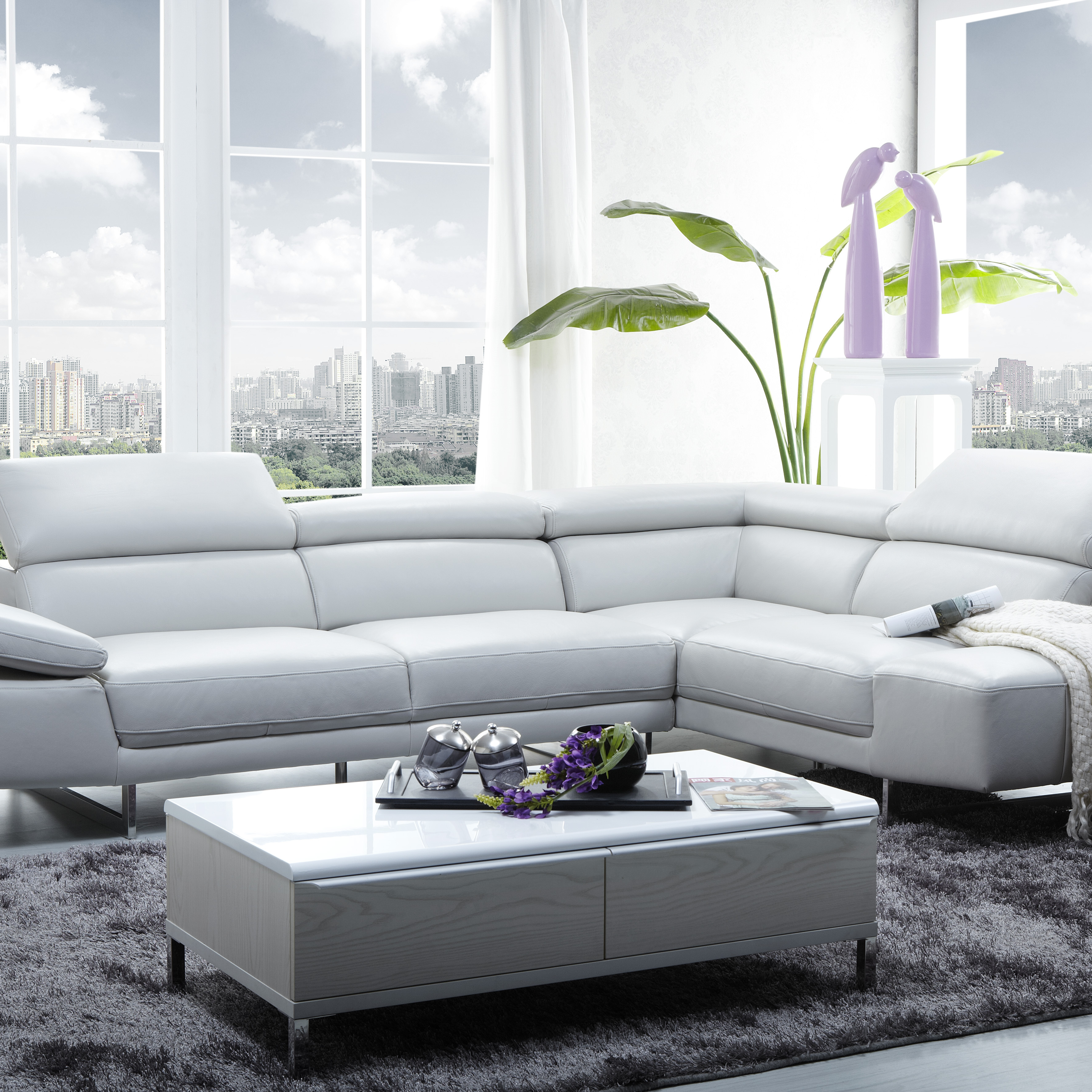 1717 Italian Leather Right Hand Facing Sectional in White by J M