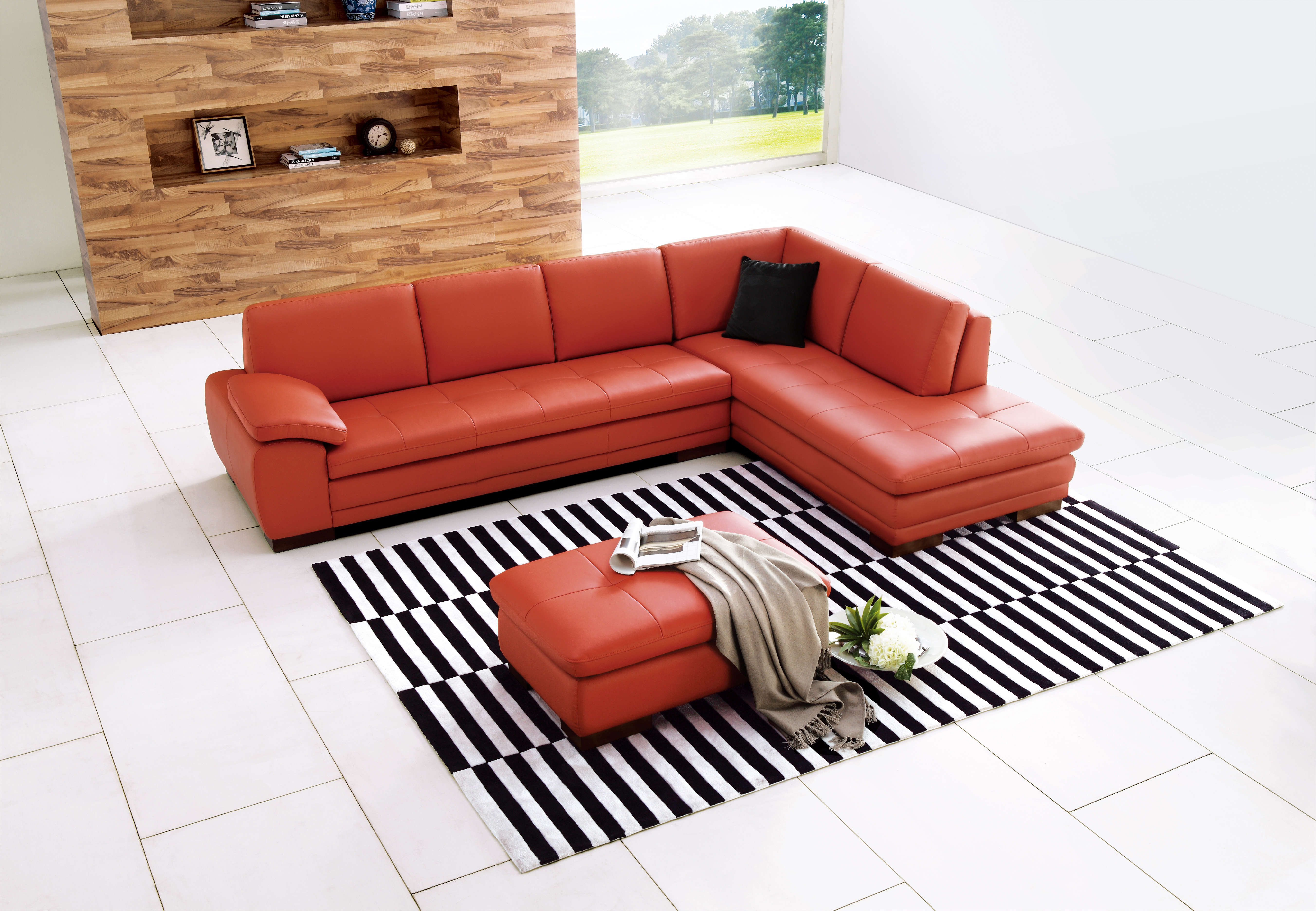 J M Furniture 625 Italian Leather Sectional LAF in Pumpkin with Ottoman